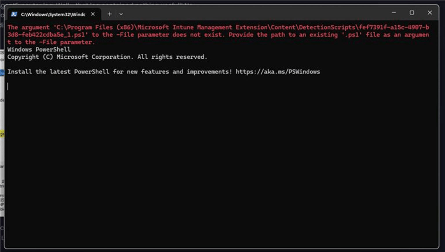 PowerShell script is failed to execute: File Parameter does not exist
